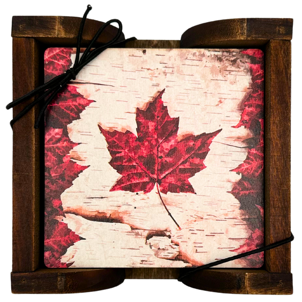 Maple Leaf Flag Coasters Set with Holder - Made In Canada Gifts